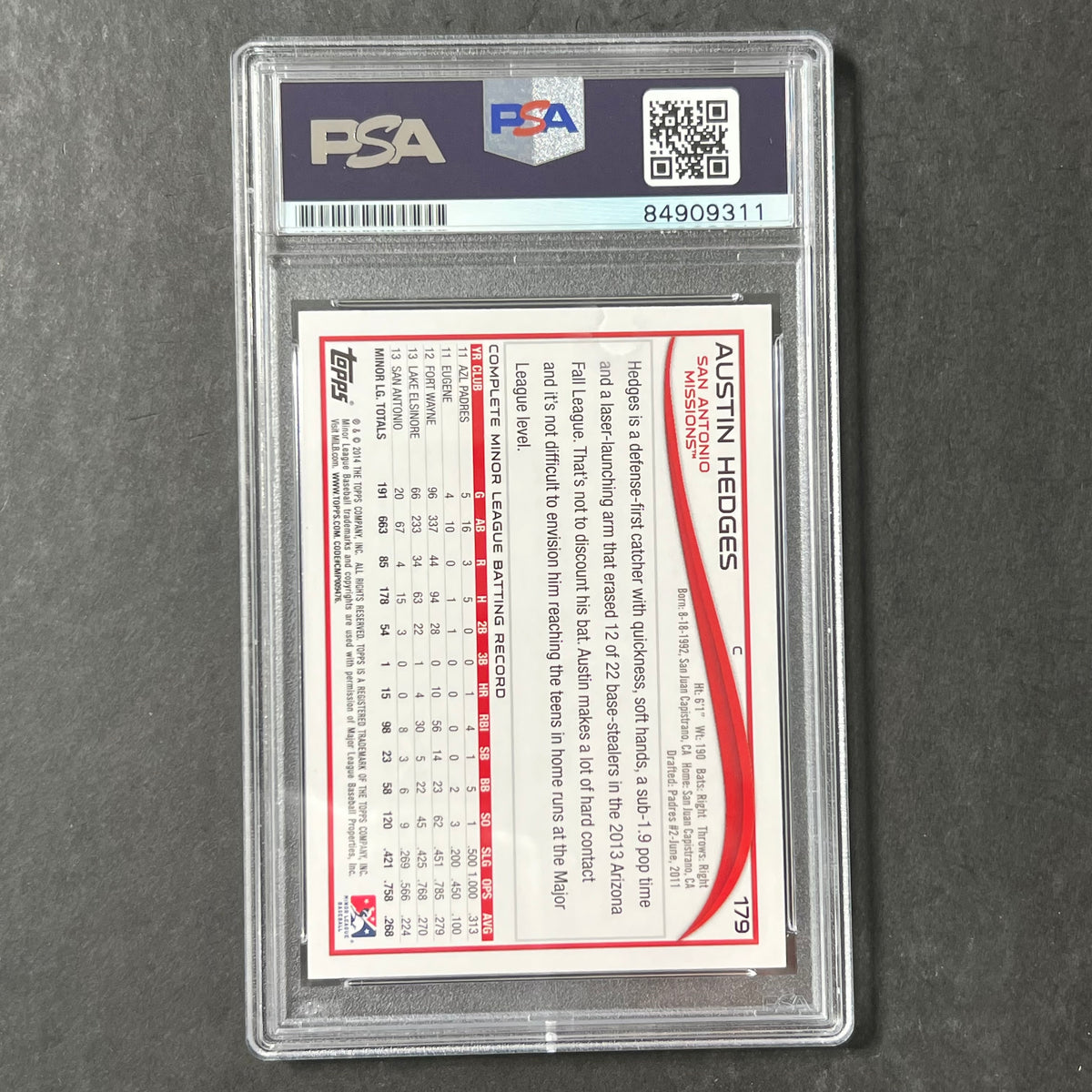 2014 Topps #179 Austin Hedges Signed Card PSA/DNA Auto San Antonio Mis ...